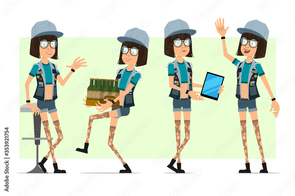 Cartoon flat hipster girl character in trucker cap, glasses and jeans ...