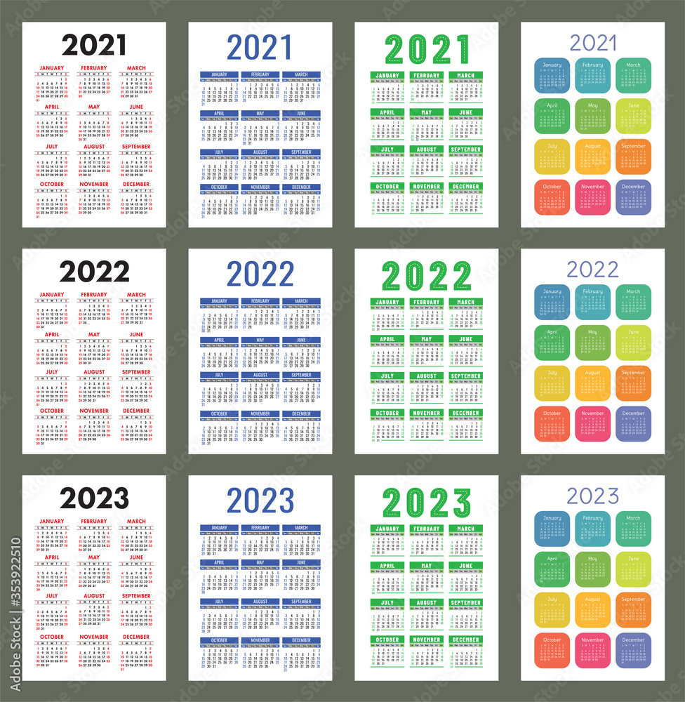 Calendar 2021, 2022 and 2023. English color vector set. Vertical wall ...