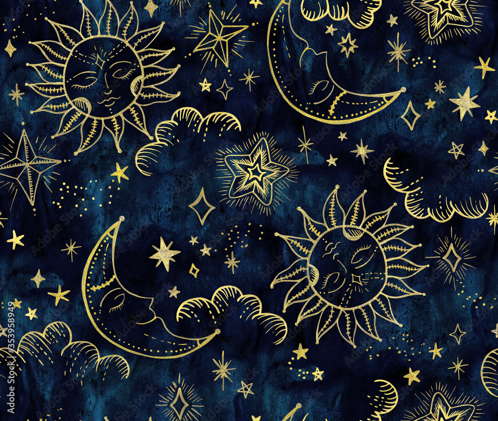 Astrological Sun and Moon with stars pattern Stock Illustration | Adobe ...