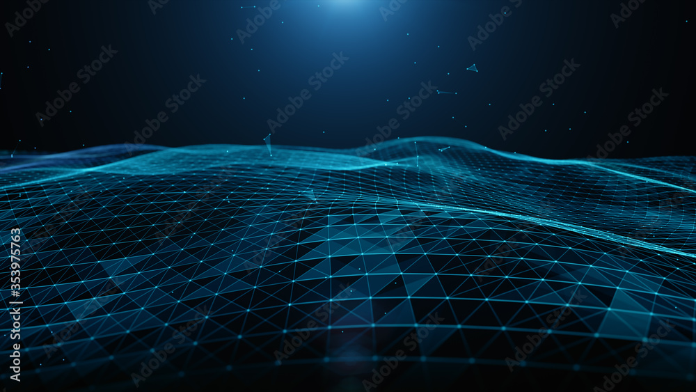 Abstract blue digital particles, lines and dots connection wave flow ...