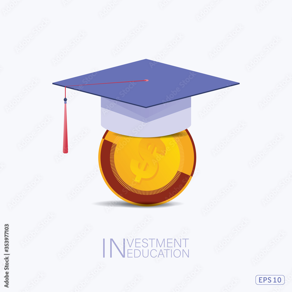 Graduation cap with coin. Money savings for study. Diploma student cap ...