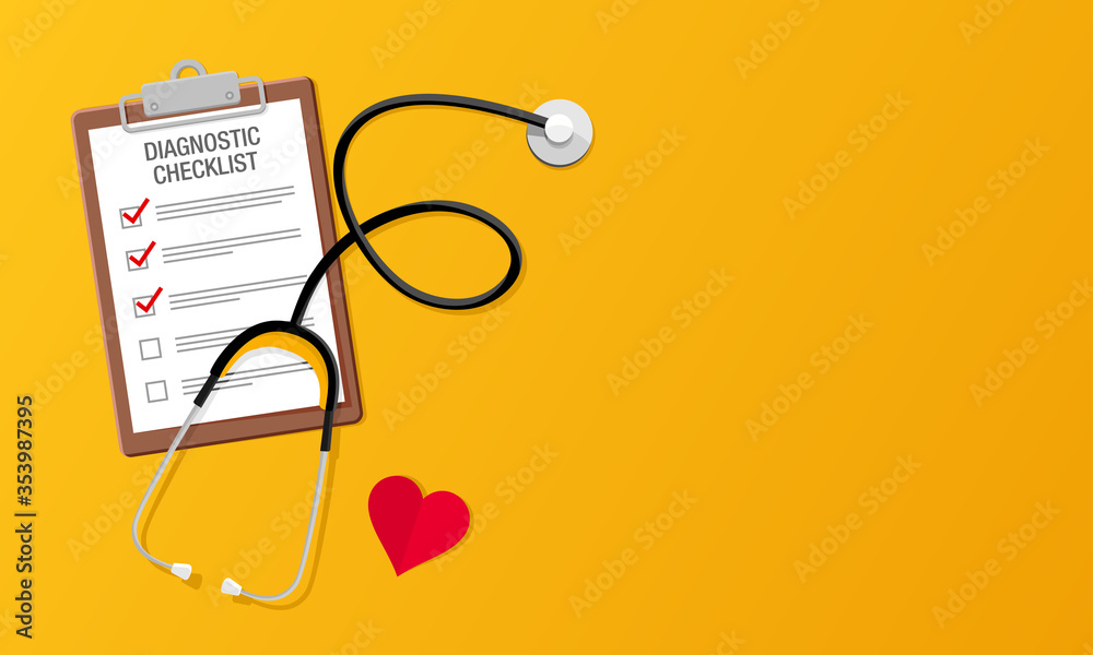 Vector top view illustration of a stethoscope and health checklist ...