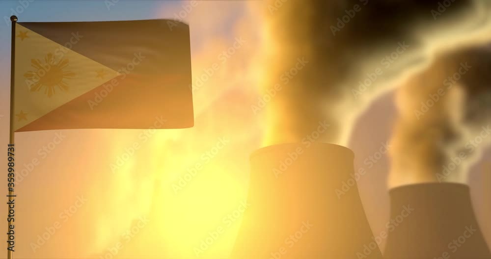 Philippines flag wave on smoking factory pipes background on sunset ...
