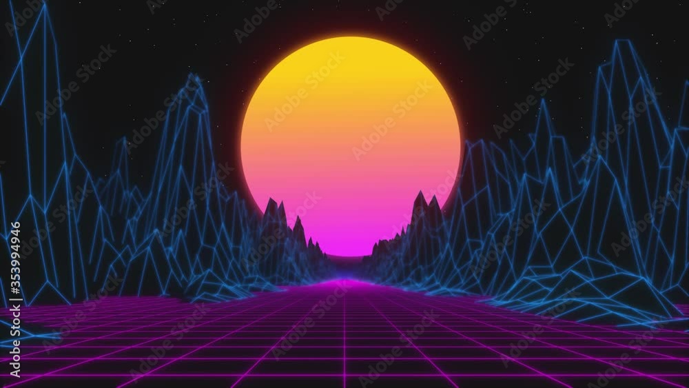 Stylized vintage 3D animation background with mountains, sun and ...