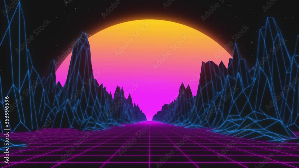 Stylized vintage 3D animation background with mountains, sun and ...