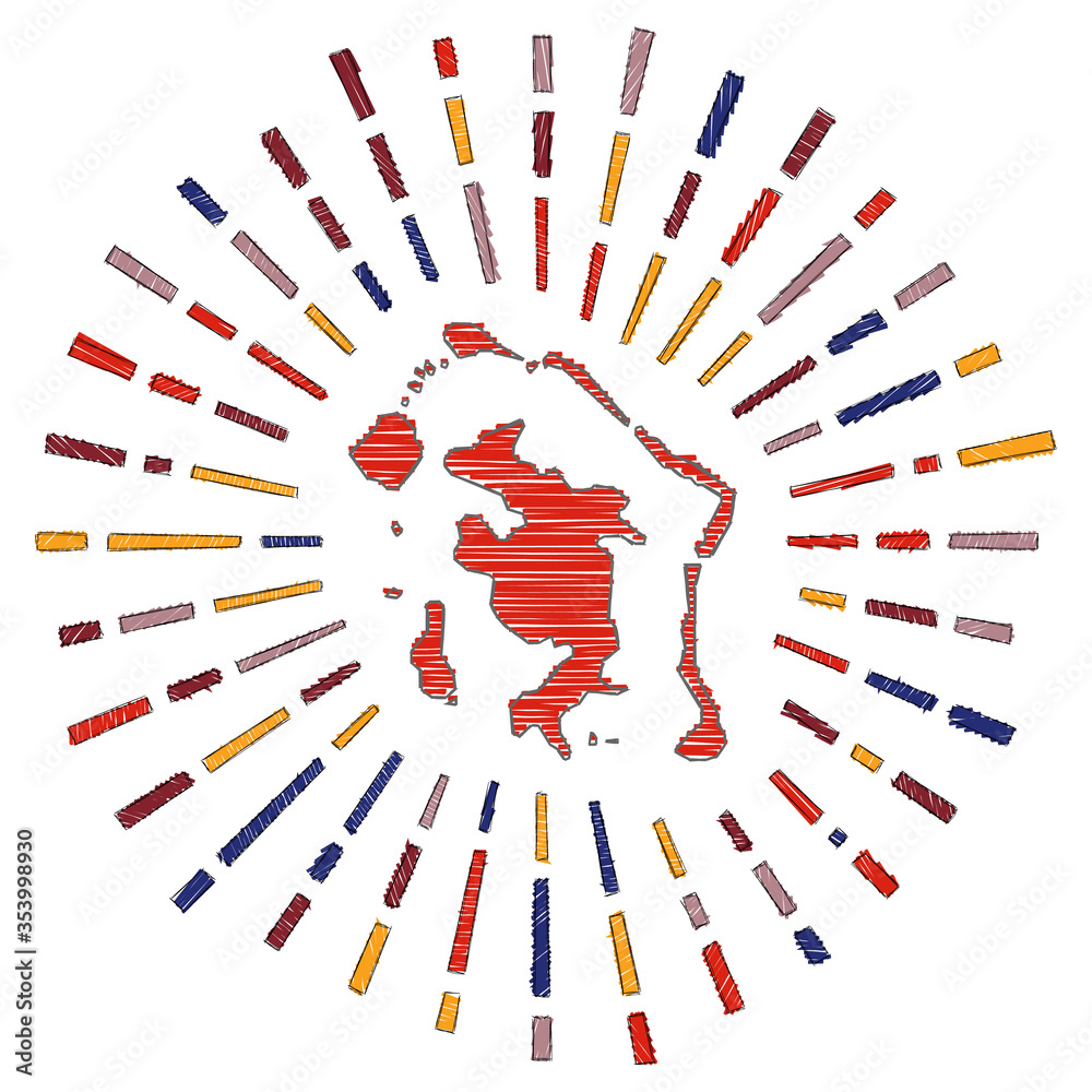 Sketch map of Bora Bora. Sunburst around the island in flag colors ...