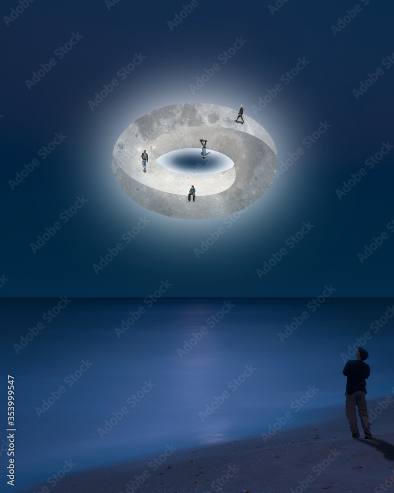 Surreal moon in night beach landscape, impossible oval, optical ...
