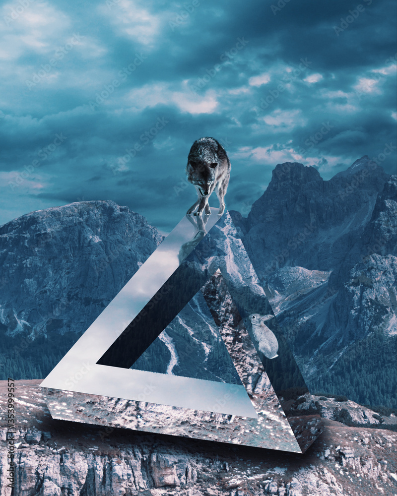 Surreal mountain landscape with Penrose triangle, optical illusion ...