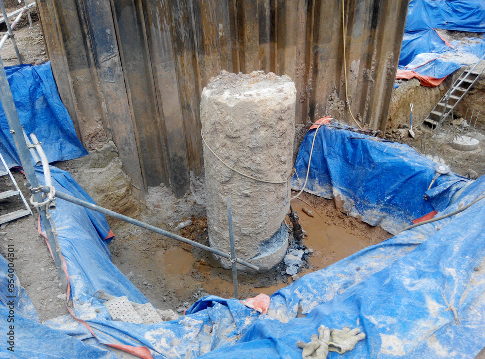 JOHOR, MALAYSIA -MARCH 28, 2016: Excavated and cut to level bore pile ...