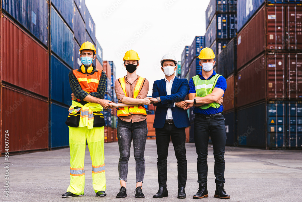 Portrait group of smart creative workers wear protective face masks ...
