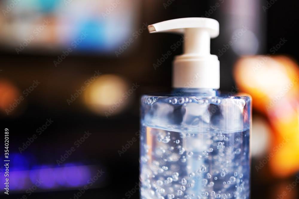 Bottle of hand sanitizer, antimicrobial liquid gel, antibacterial ...