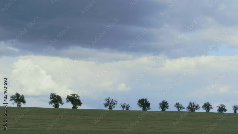Row of trees and wheat field under heavy gray clouds with rain drops ...
