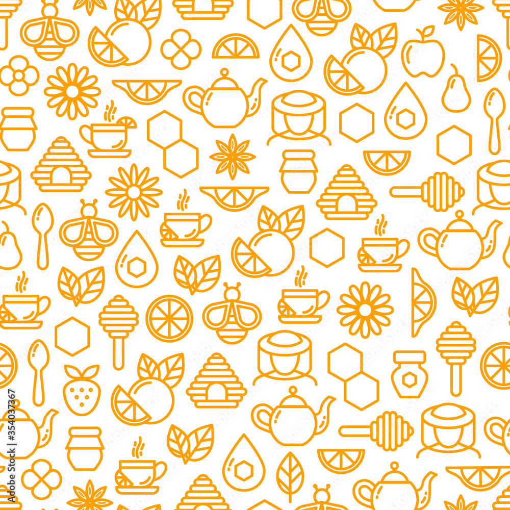 Seamless outline pattern with tea and honey elements, cup of tea ...