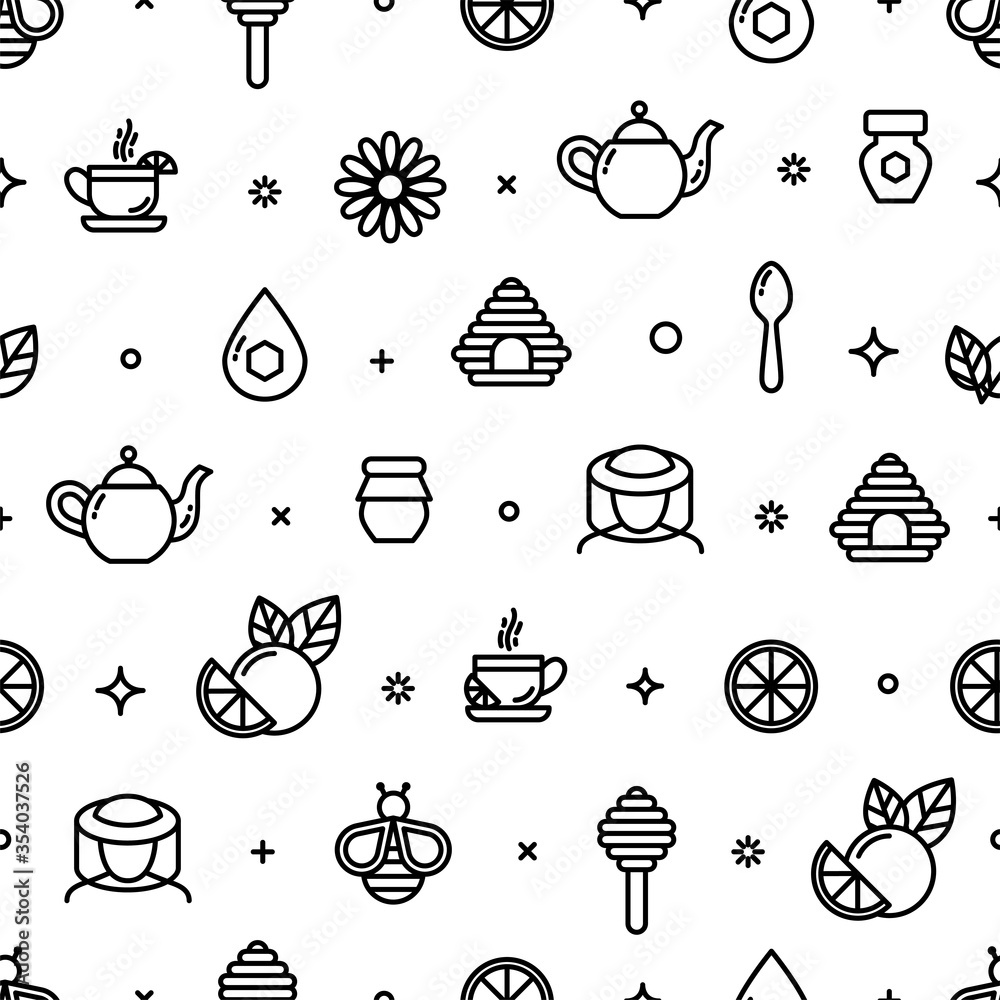 Seamless outline pattern with tea and honey elements, cup of tea ...