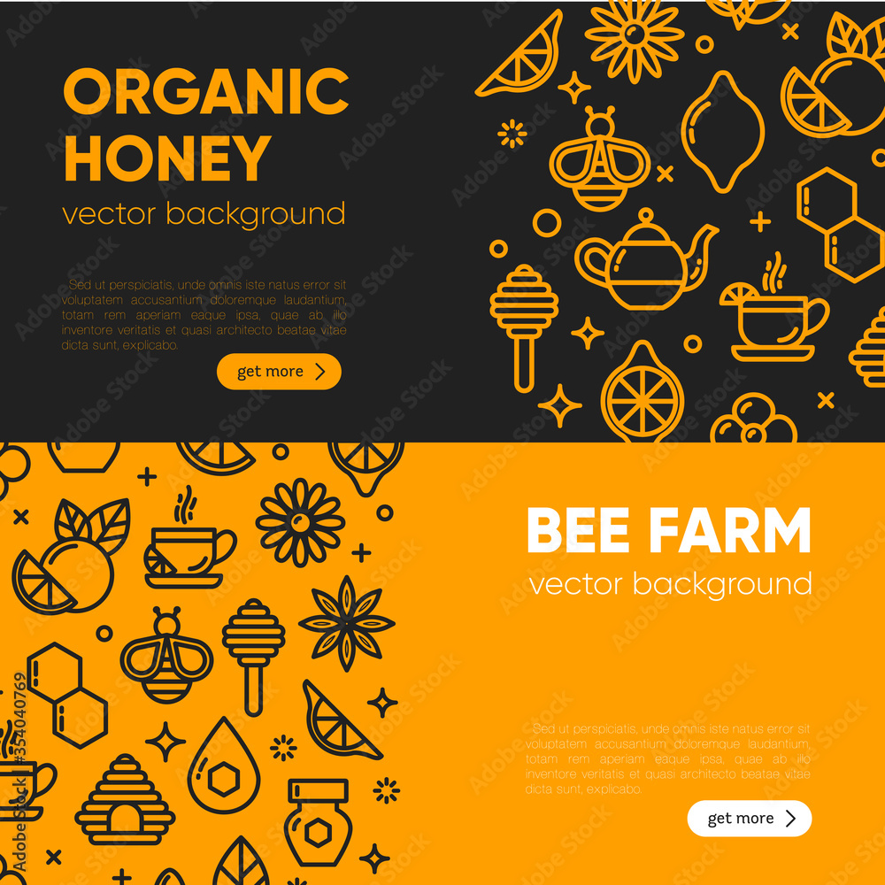 Set of black and yellow banner templates with honey, bee, honeycomb ...