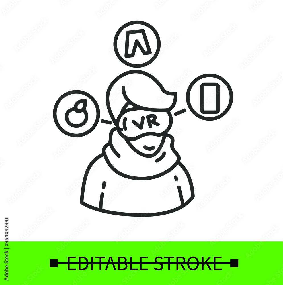 Virtual showroom icon with outline of customer in vr glasses. Online ...