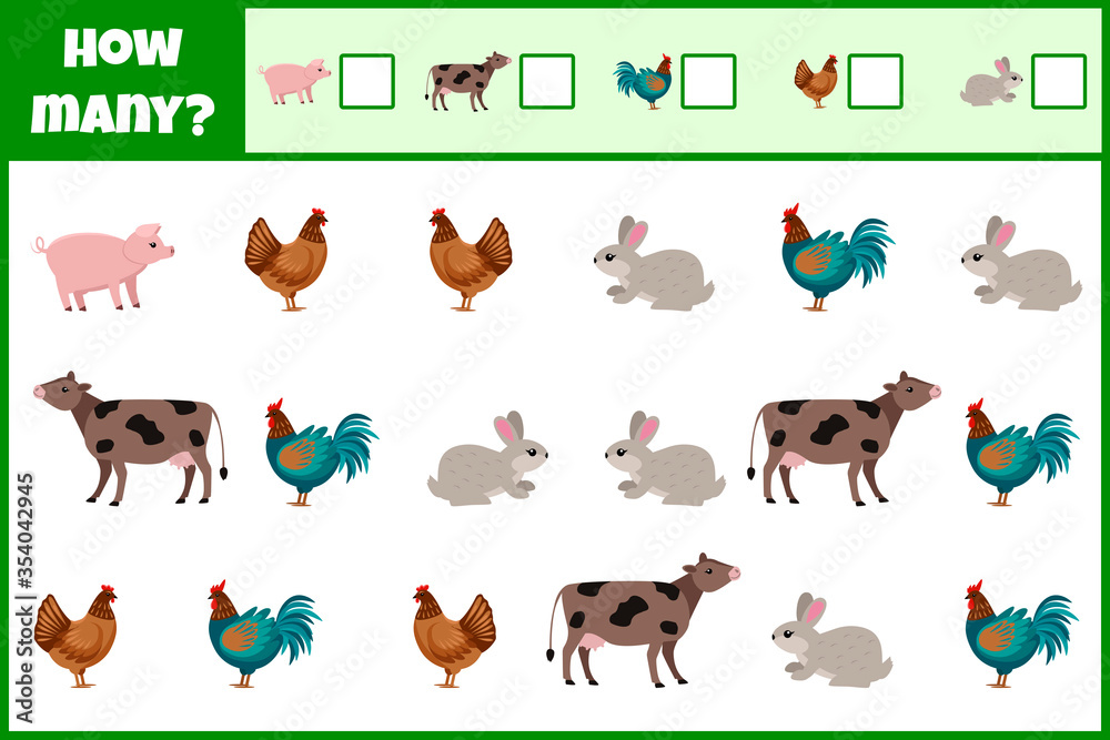 Educational mathematical game. Count the number of birds and animals ...