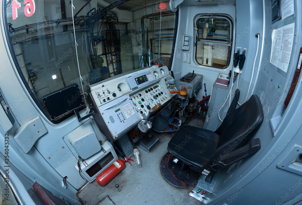 Subway train drivers cabin: seat, dashboard, speed control handle Stock ...