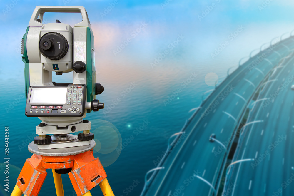 Total station near the bridge. Automobile bridge top view. Concept ...