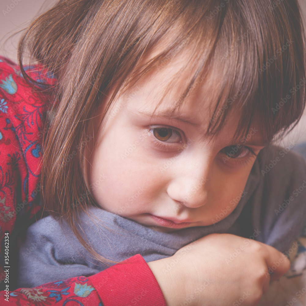 Portrait of little cute child girl expressing sadness. Gestures, body ...