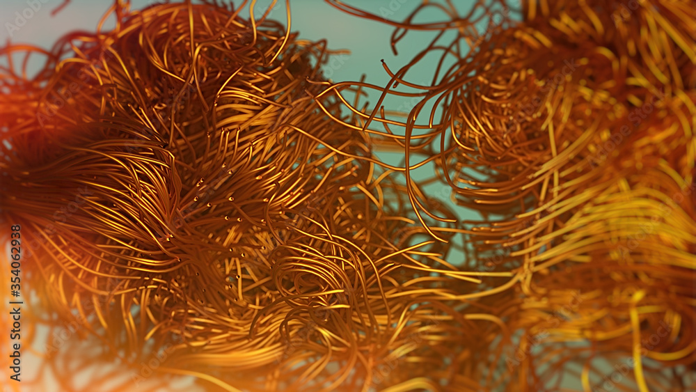 Tangled of connected metal gold wires as design art with blurred ...