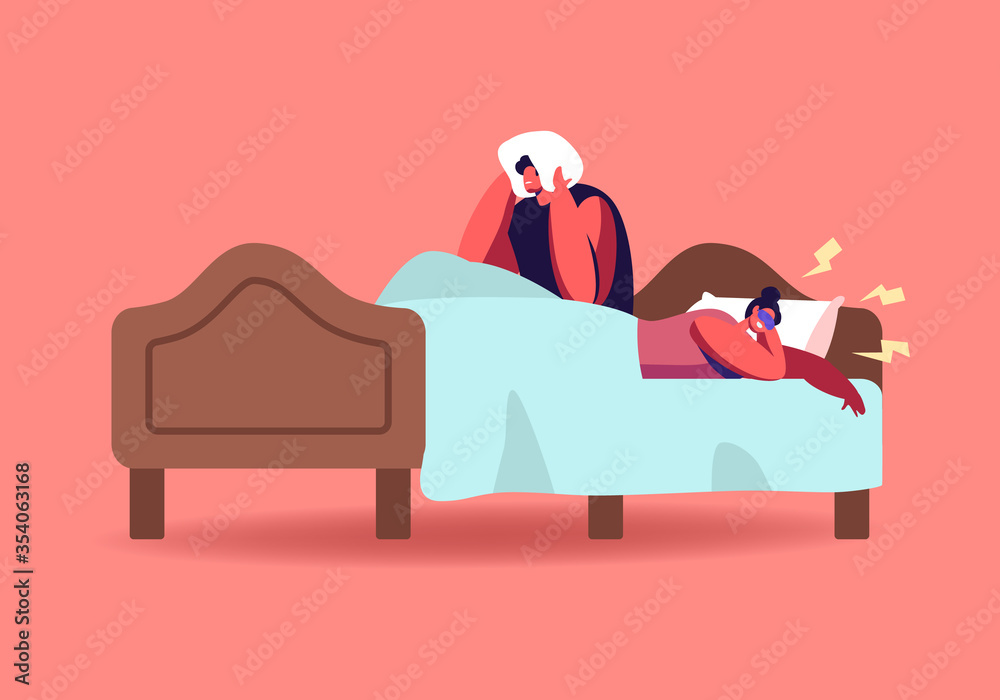 Husband Suffering of Sleeping Wife Snoring. Female Character Snore at ...