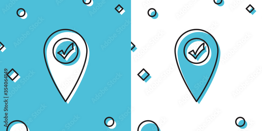 Black Map pointer with check mark icon isolated on blue and white ...