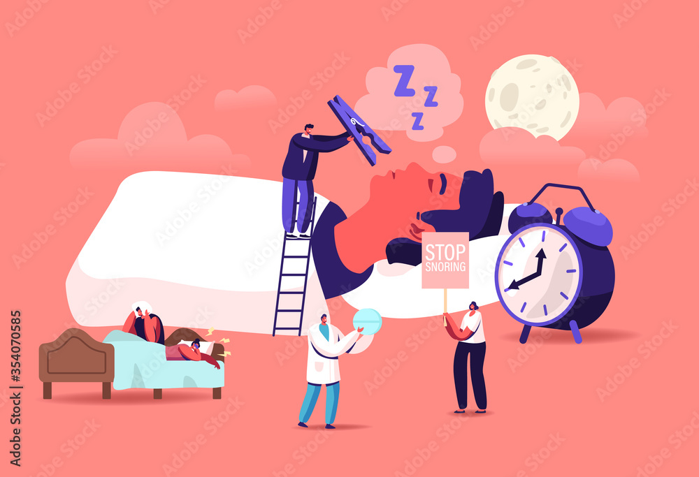 Snore Concept. Tiny Characters Sleeping in Bed and Suffering of Snoring ...