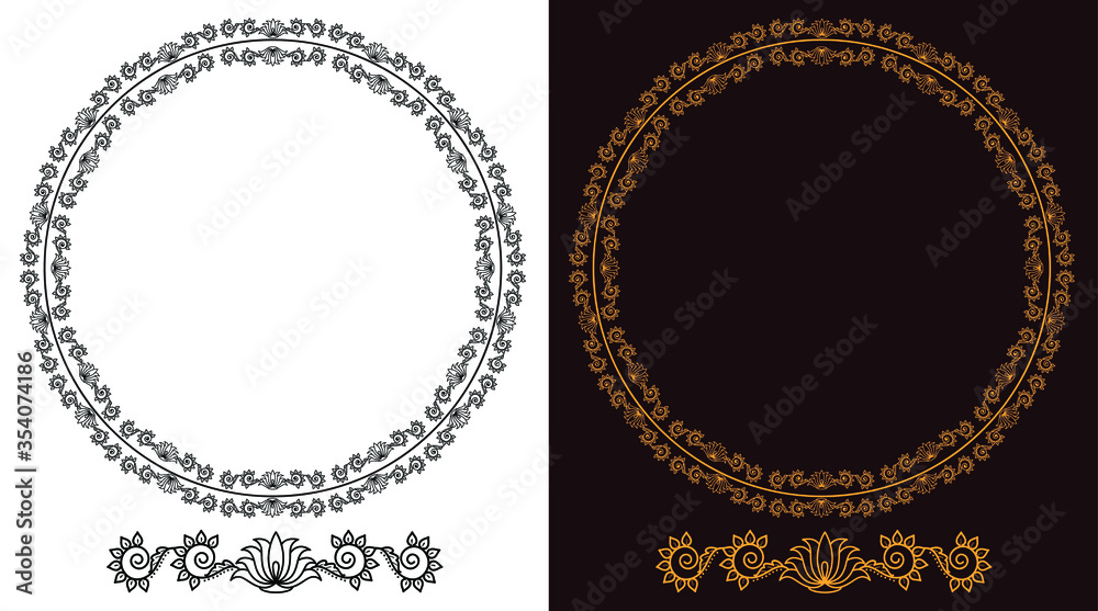 Round frame of Lotus with Spirals and Leaves - Indian Traditional and ...