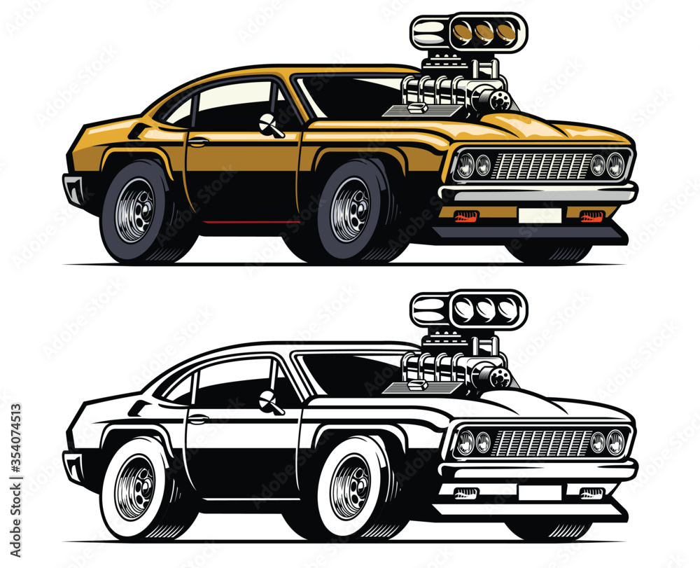 muscle car with big super charger engine out off the hood Stock Vector ...