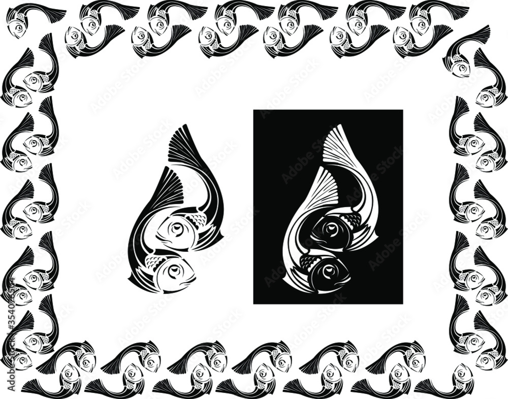 The border design concept of vector fishes isolated on black and white ...