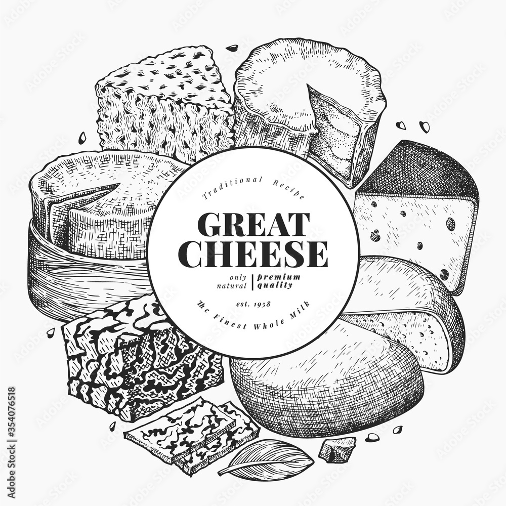Cheese design template. Hand drawn vector dairy illustration. Engraved ...