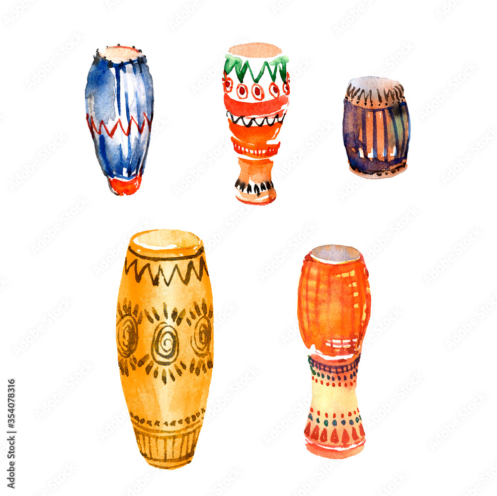 set of percussion music instruments, african drums, djembe, conga, with ...