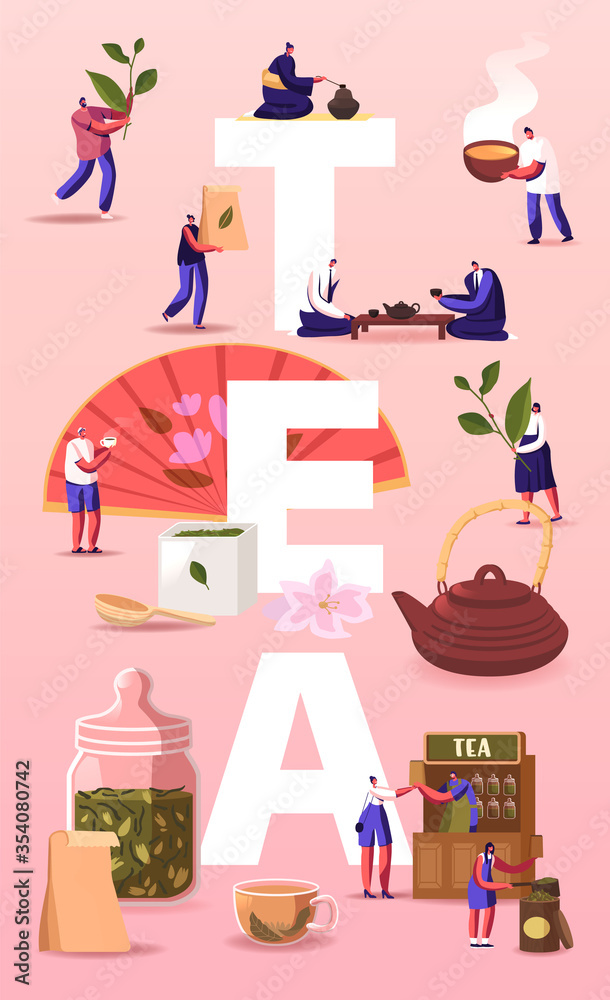 Tea Concept. People Growing, Care, Collecting Produce Sell and Drink ...
