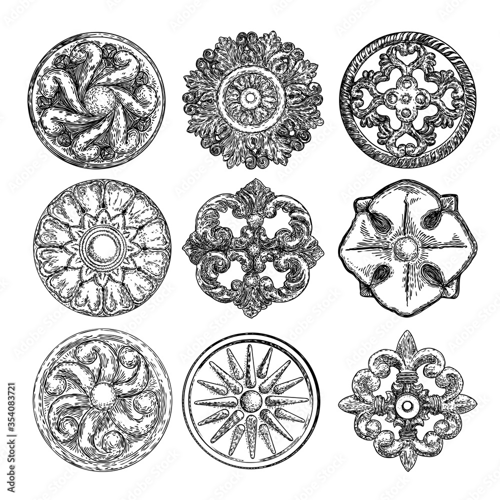 Set of Baroque ancient vintage style floral circular and rhombus or ...