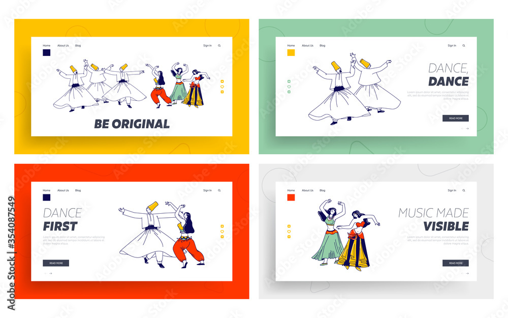 Arabic Dances Landing Page Template Set. Whirling Dervish and Girls in ...