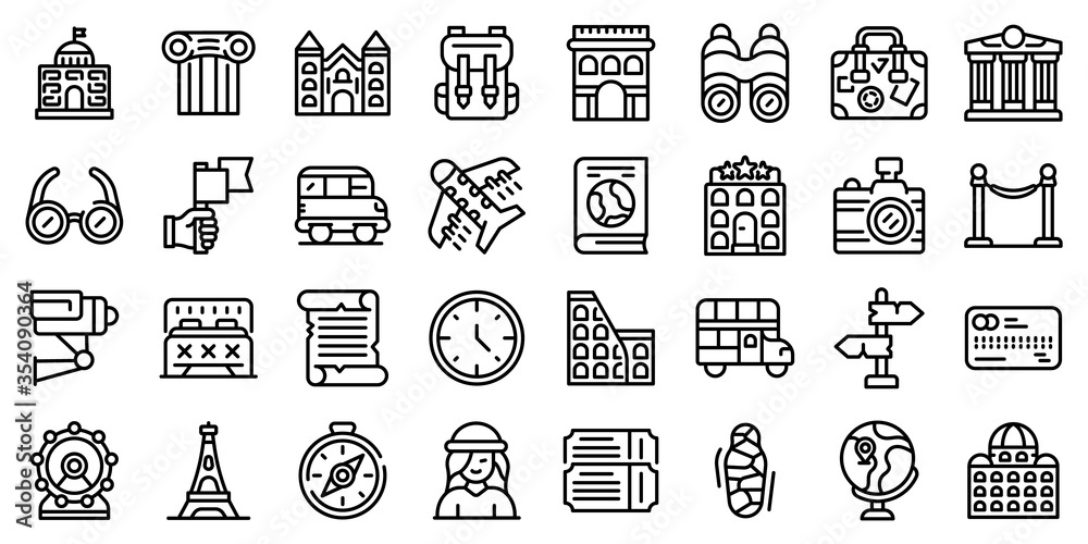 Sightseeing icons set. Outline set of sightseeing vector icons for web ...