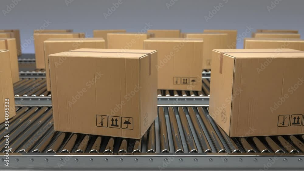 4K Loop Cardboard boxes on conveyor belt line isolated on white grey ...