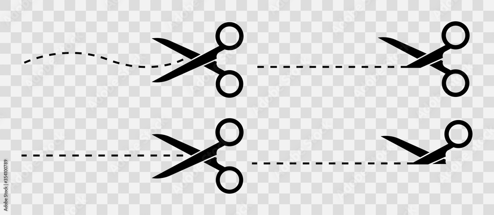 Scissors with cut lines on a transparent background. Set black scissors ...