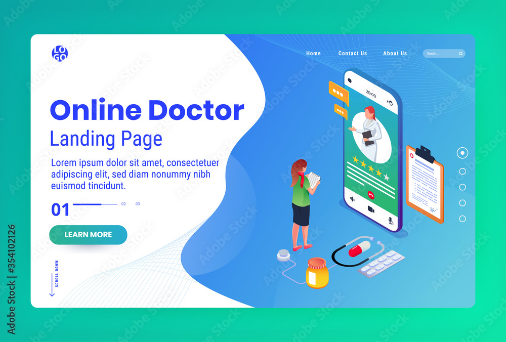 Online medical help isometric webpage template. 3d patient explaining ...