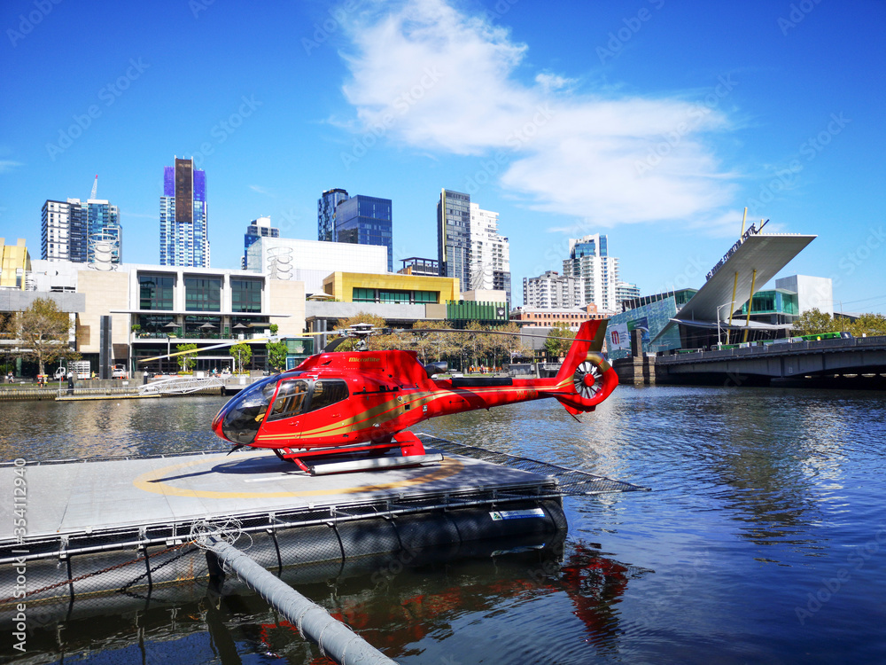 Melbourne, Australia: March 28, 2019: Helicopter on a floating helipad ...