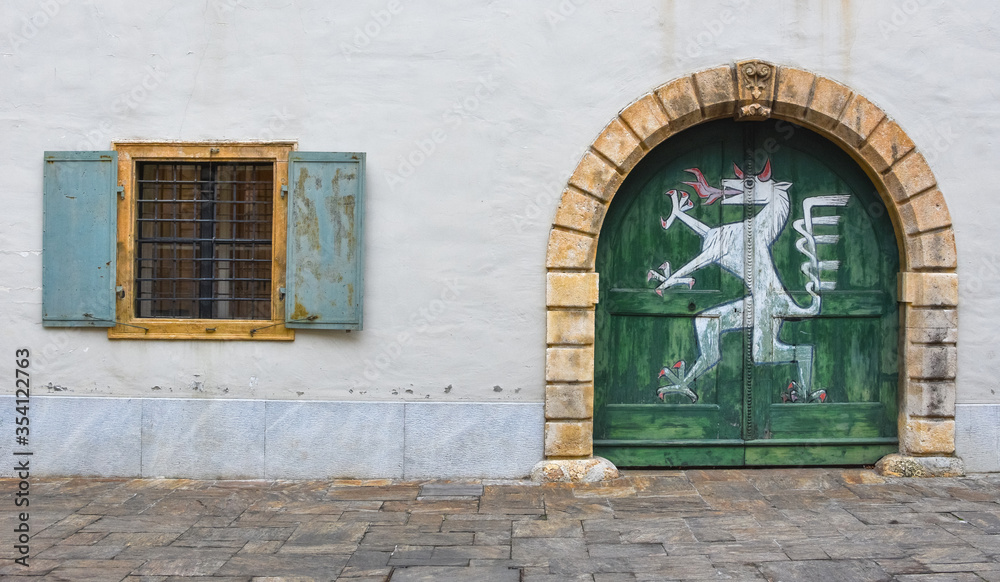 Old windows and door of the Styrian Armoury (Landeszeughaus), in the ...