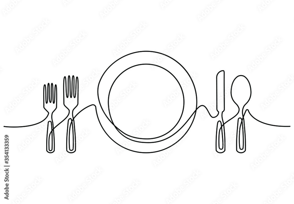 Vecteur Stock Continuous line drawing plate spoon knife and forks. Hand ...