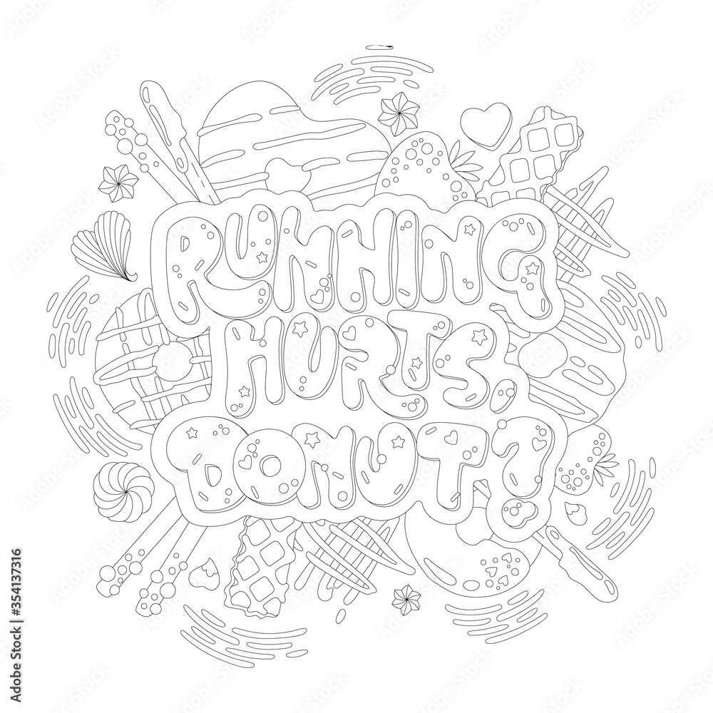 Running hurts, donut - adult coloring page illustration with funny pun ...