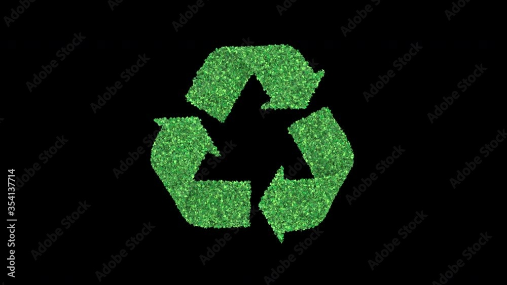 Recycling symbol composed of green leaves appears on a transparent ...