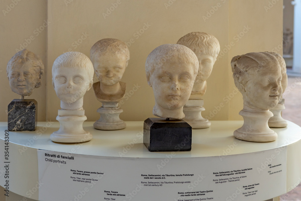 Rome, Italy - January, 8, 2020. Ancient statues on display of former ...