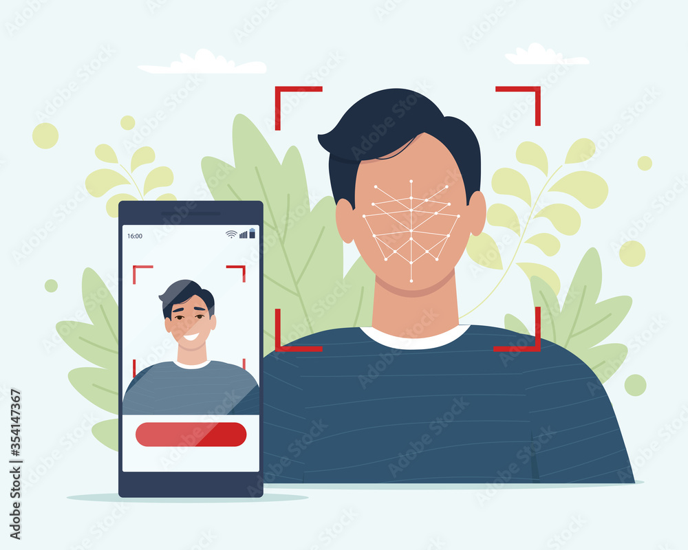 Facial recognition concept. Man face scans on smartphone. Face ID ...