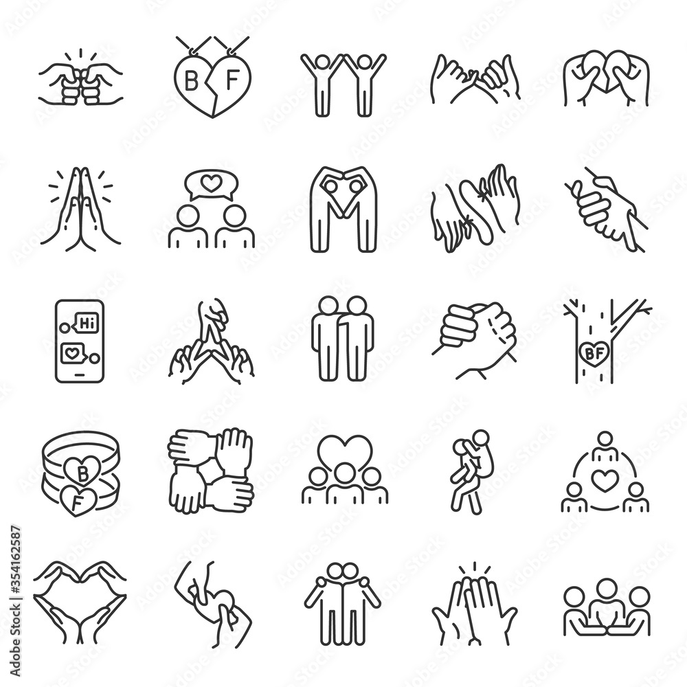 Friendship, icon set. Communication and Interaction, mutual affection ...