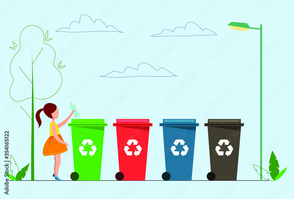 Child sorting the garbage. Happy little girl who care about the ...