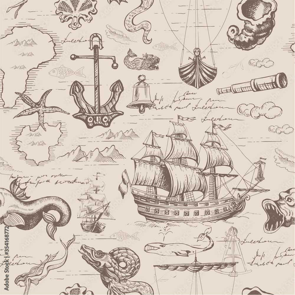 Vector abstract seamless pattern on the theme of travel, adventure and ...